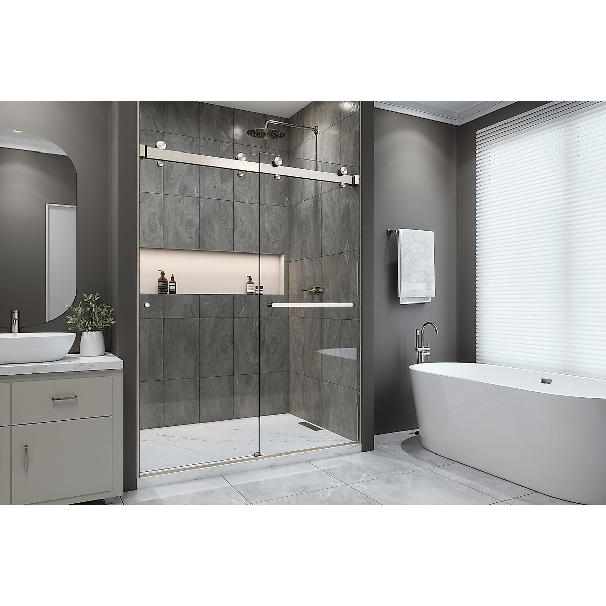 Eurotech Showers VITRA-200 56.5-60" W x 78" H Twinglide Frameless Shower Door w/ 3/8" Clear Tempered Glass (Brushed Nickel)