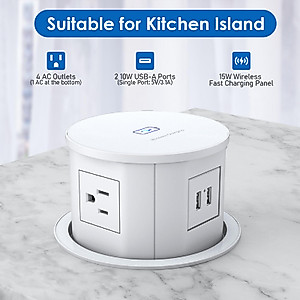 ANNQUAN Automatic Pop Up Countertop Outlet with 15W Wireless Charger,4 Outlets,2 USB Ports,4.75" Pop Up Electrical Outlet,Home Office Power Supply,Suit Kitchen Island RV Office Conference Table