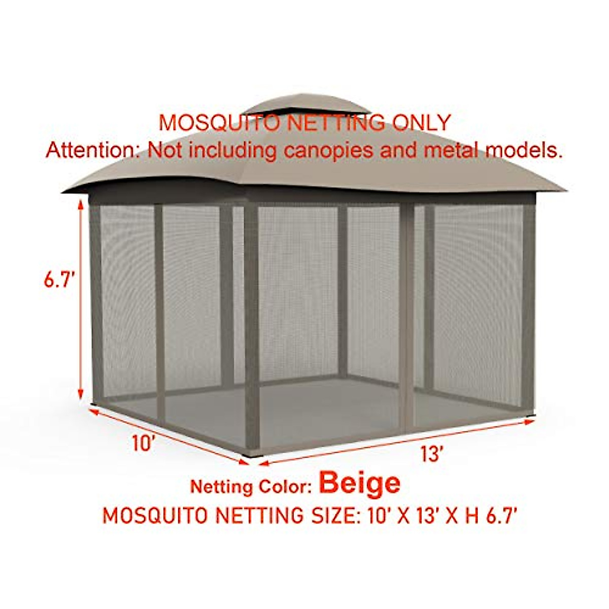 Gazebo Mosquito Netting Screen 4-Panels Universal Replacement for Patio, Outdoor Canopy, Garden and Backyard (10'x13', Beige)