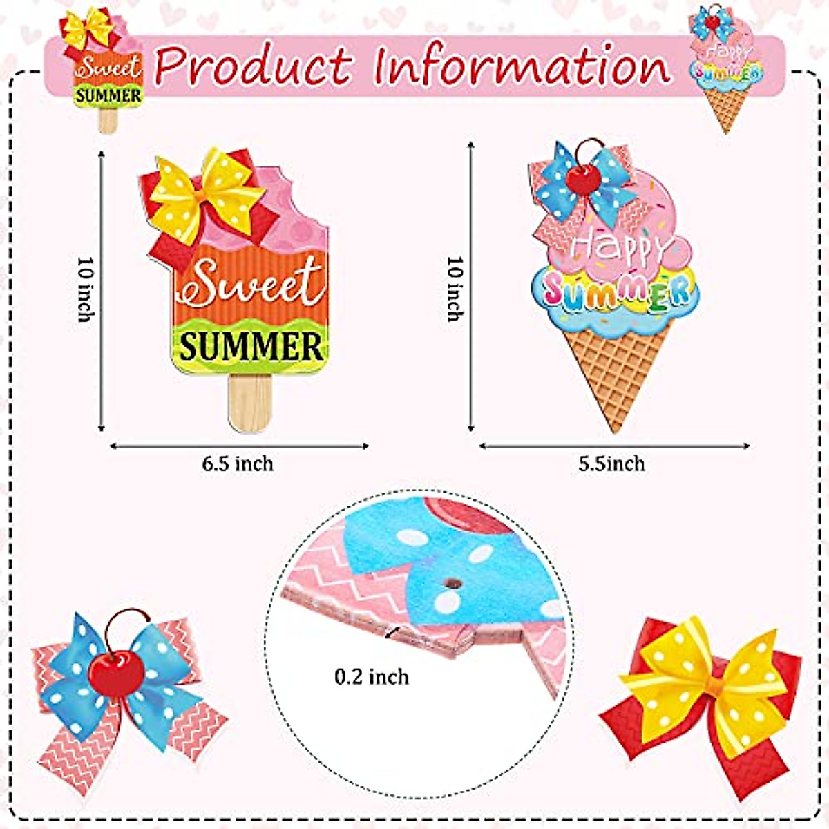 2 Pieces Ice Cream Sandbeach Hanging Sign Happy Summer Wood Sign Sweet Summer Wood Ornaments Summer Welcome Sign Door Wood Hanging Sign for Summer Holiday Party Home Door Wall Window Decor (Ice Cream)