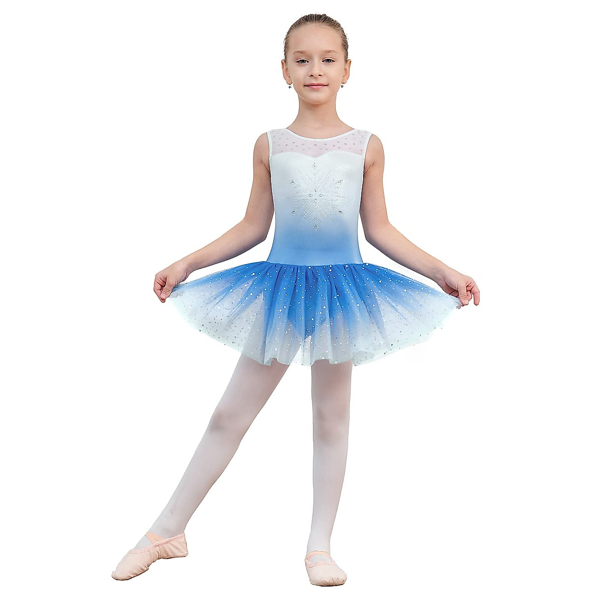 EQSJIU Dance Leotards For Girls With Tutu Ballet Skirts Dresses Gymnastics 3t 4t Blue Snowflake Diamond Gradient Colors White 3-4t Cute Princess Dress