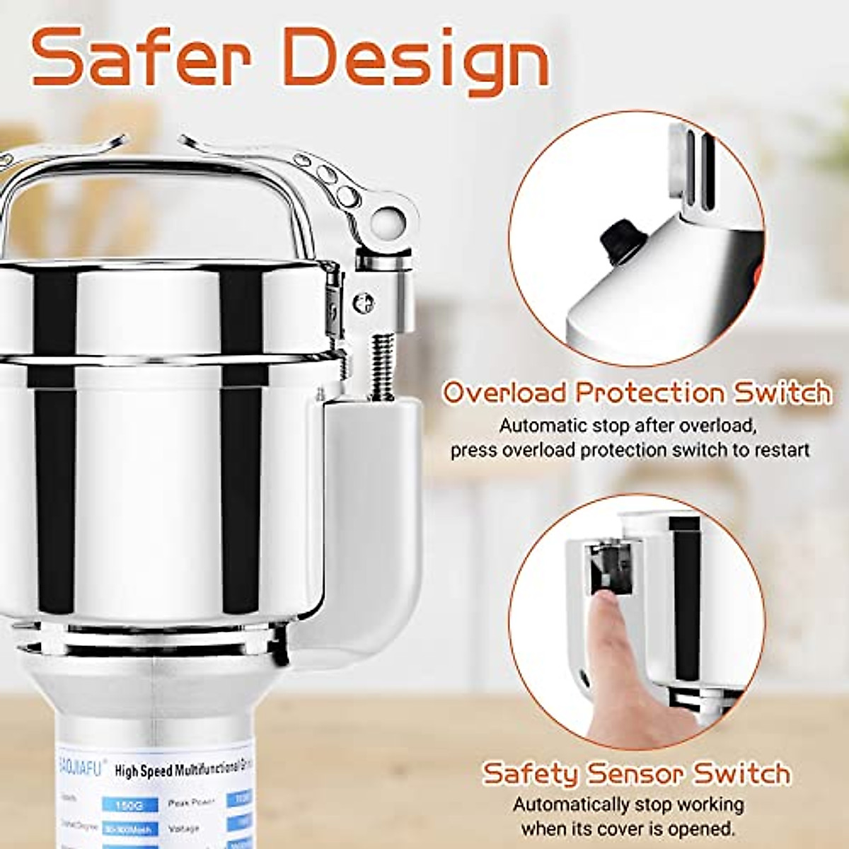 BAOJIAFU Electric Grain Mill Grinder 150g High-speed Grain Spice Herb Grinder 700W Dry Grinder Machine 304 Stainless Steel Superfine Powder Grinder 36000r/min for Kitchen Home and Commercial (150G)