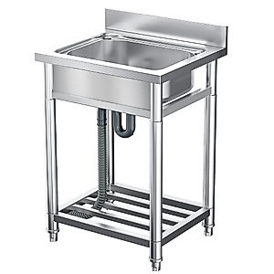 JOPHUN Stainless Steel Sink, Free Standing Single Bowl Kitchen Sink w/Storage Shelves Indoor Outdoor