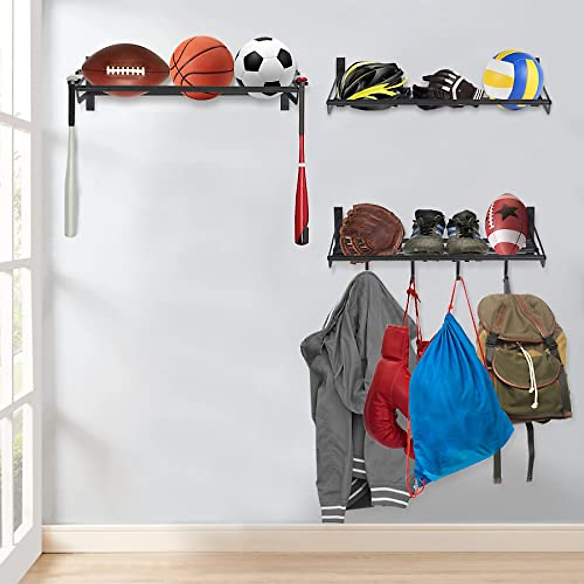 Lineslife Wall Mount Sports Equipment Storage Rack,3 Shelf Separate Garage Ball Organizer for School,Gym,Home
