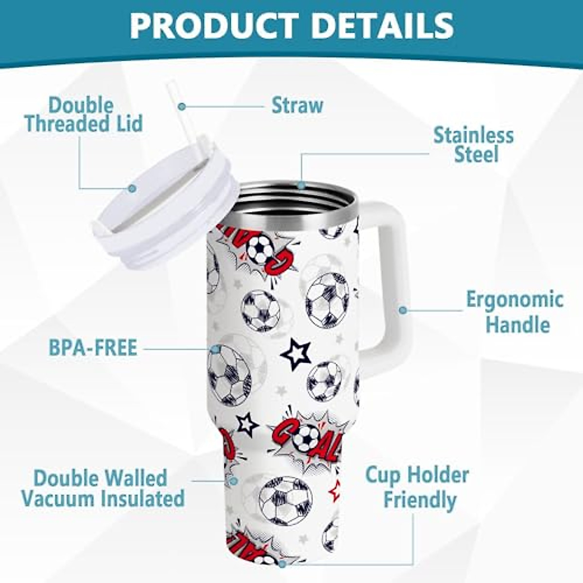ARGTILDN 30 oz Tumbler Football Game Soccer Insulated Travel Mug with Handle and Straw Lid Stainless Steel Vacuum Coffee Cup Tea Beverage Container Water Bottles for Car Sports office