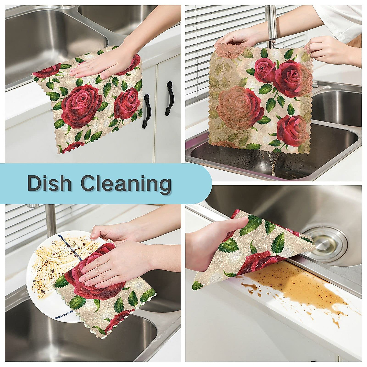 senya 6 Pack Dish Cloths Dish Towels Red Roses Flowers Reusable Kitchen Hand Towels