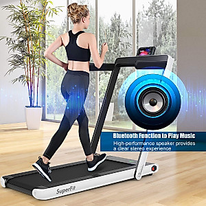 GYMAX Walking Pad, 2.25HP Foldable Treadmill with Smart App & Remote Control, Bluetooth LED Monitor, Small Spaces Compact Running Machine, Folding Portable Under Desk Treadmill for Home Office (White)