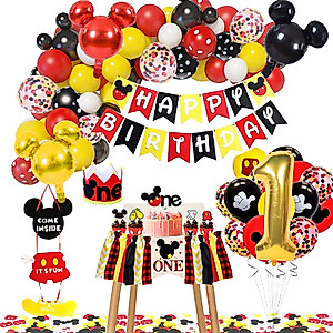 Mickey 1st Birthday Party Supplies Include Banner, Welcome Sign Door Hanger, Cake Topper, Confetti, Hat, High Chair Banner, Balloons Graland Arch, for Mickey Theme Mouse Party Decorations
