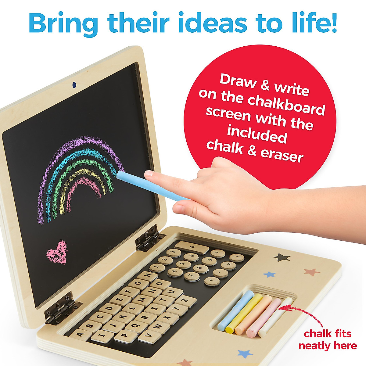 Wooden Computer Pretend Play Set - Pretend Laptop Toy for Kids, Toddlers - Montessori Learning Board for Kids (Ages 2-8) - 41 Magnetic Keys, Chalk Box, Portable Drawing & Writing Board | 11.5 x 8.5