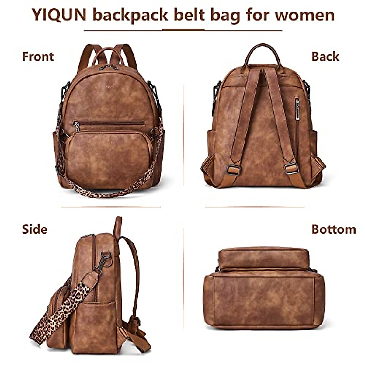 YIQUN Backpack Purse for Women, Leather Purse Backpack Shoulder Bag Designer women backpack Travel Backpack with Belt Bag