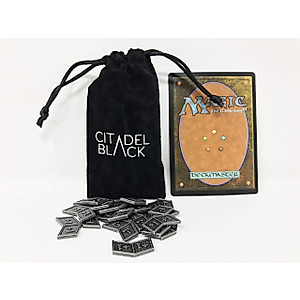 Citadel Black MTG Buff Counters +1/+1 and -1/-1 Set of 20 Metal Tokens - with Velvet Drawstring Pouch, Antique Silver Finish Metal Tokens, Magic: The Gathering, Gray