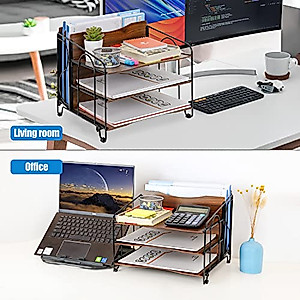 Aimeaihe Wood File Organizer, Metal Desk File Organizer with 3 Paper Letter Trays and 2 Vertical Upright Folder Holders, Desk Organizers and Accessories for Office Home School, Black