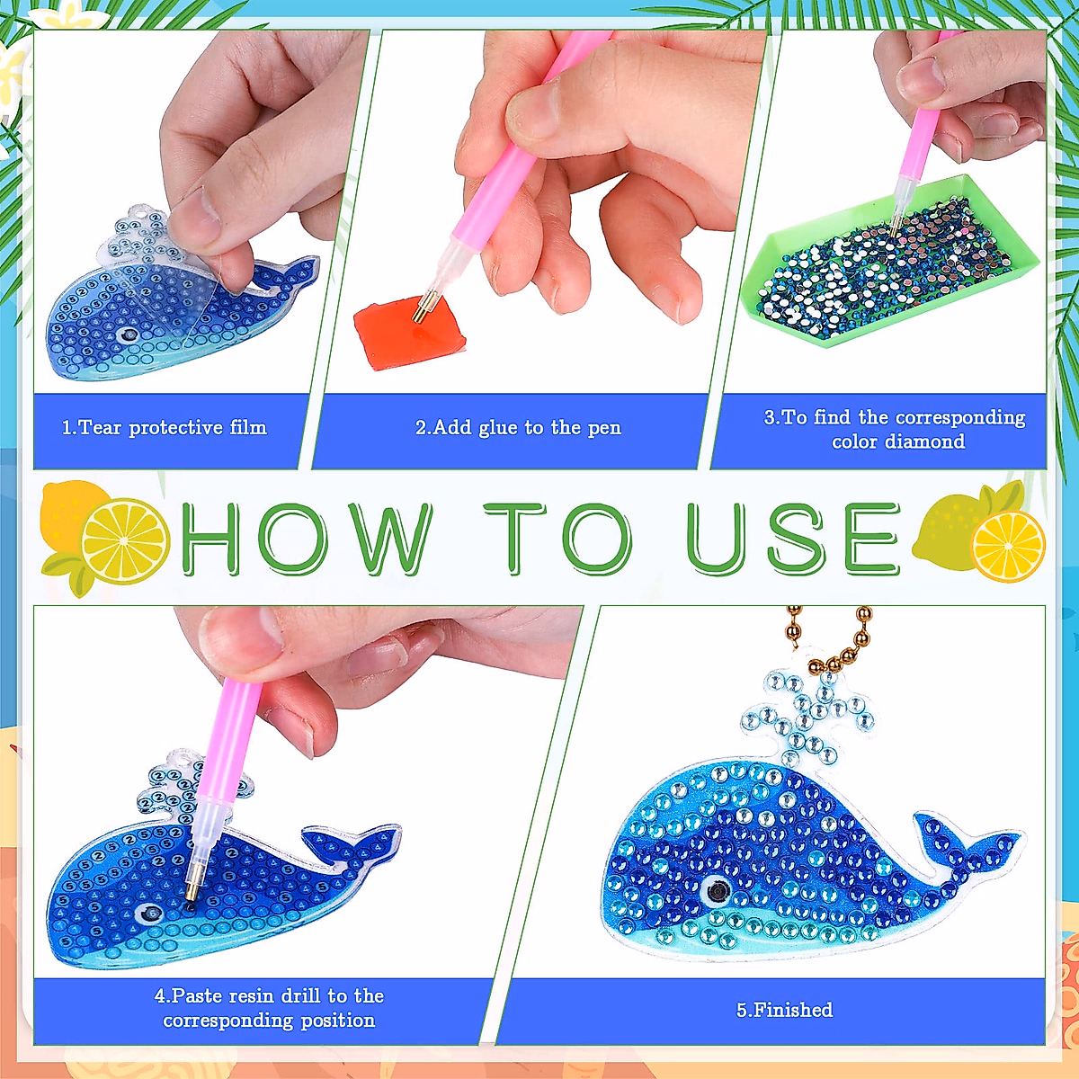 Whaline 12Pcs Summer Diamond Drawing Keychain Kit Ocean Fish Theme DIY Diamond Drawing Pendant Under The Sea Rhinestone Mosaic Making Full Drill Diamond Keychain for Crafts Gift