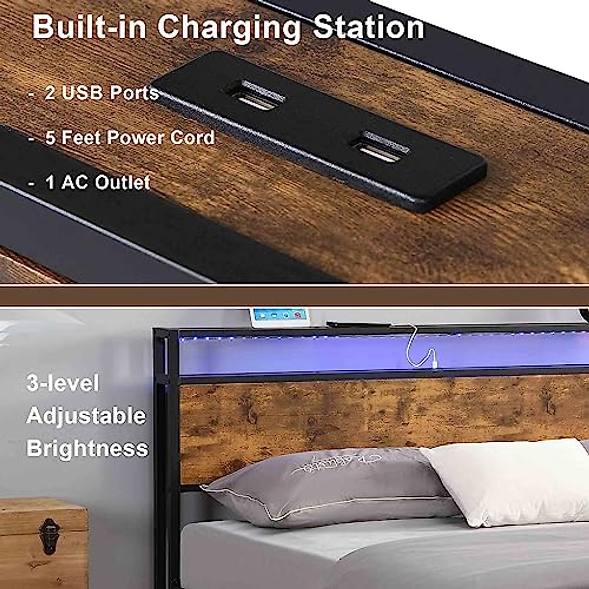 RIDFY Bed Frame with LED Lights and 2 USB Ports, Industrial Platform Bed Frame with 2-Tier Storage Headboard, Heavy Duty Camas/Noise Free/No Box Spring Needed/Brown (Full)
