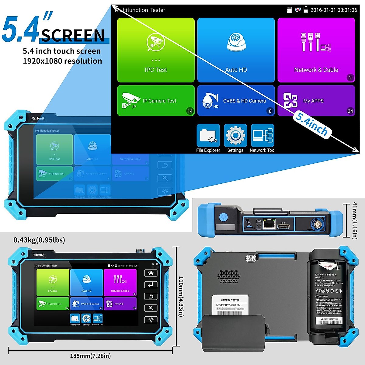 Rsrteng IP Camera Tester, IPC-5100 Plus 8MP AHD CVI TVI CVBS IP Camera Test 4K HD Display Video Monitor 5inch IPS Touch Screen IPC Tester Support POE PTZ W-i-F-i RS485 HDMI & VGA Input DC12V Output