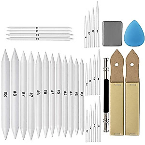 KOOTIKO 33 Pcs Blending Stumps and Tortillions Set Art Blenders with Sketch Sandpaper Pencil Sharpener Pencil Extension Tool Drawing Kneaded Eraser Sponge Sketch for Student Sketch Drawing Tool Set