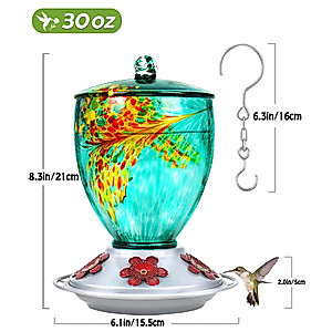 BOLITE Hummingbird Feeders for Outdoors, Hand Blown Glass, 30 Ounce, 5 Feeding Ports with Perch, 21003BU Green