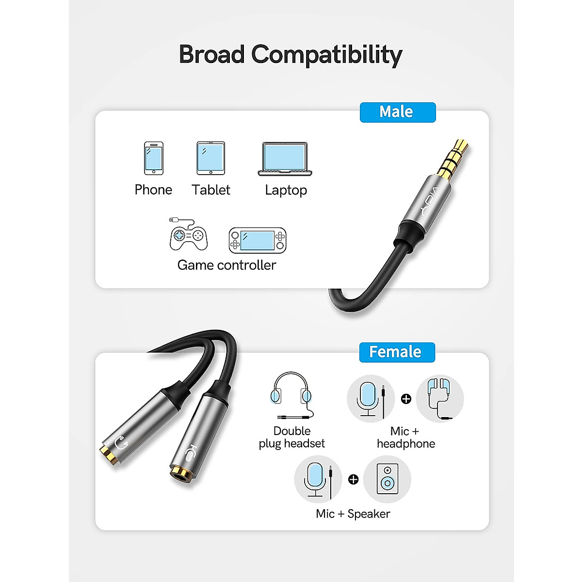 VIOY Mic Headphone Splitter, 3.5 mm Audio Headset Y Splitter Cable TRRS Male to 2 Female Separate Jack for PC Gaming Headset, PS4, Xbox One, Laptops, Tablet, Smartphone…