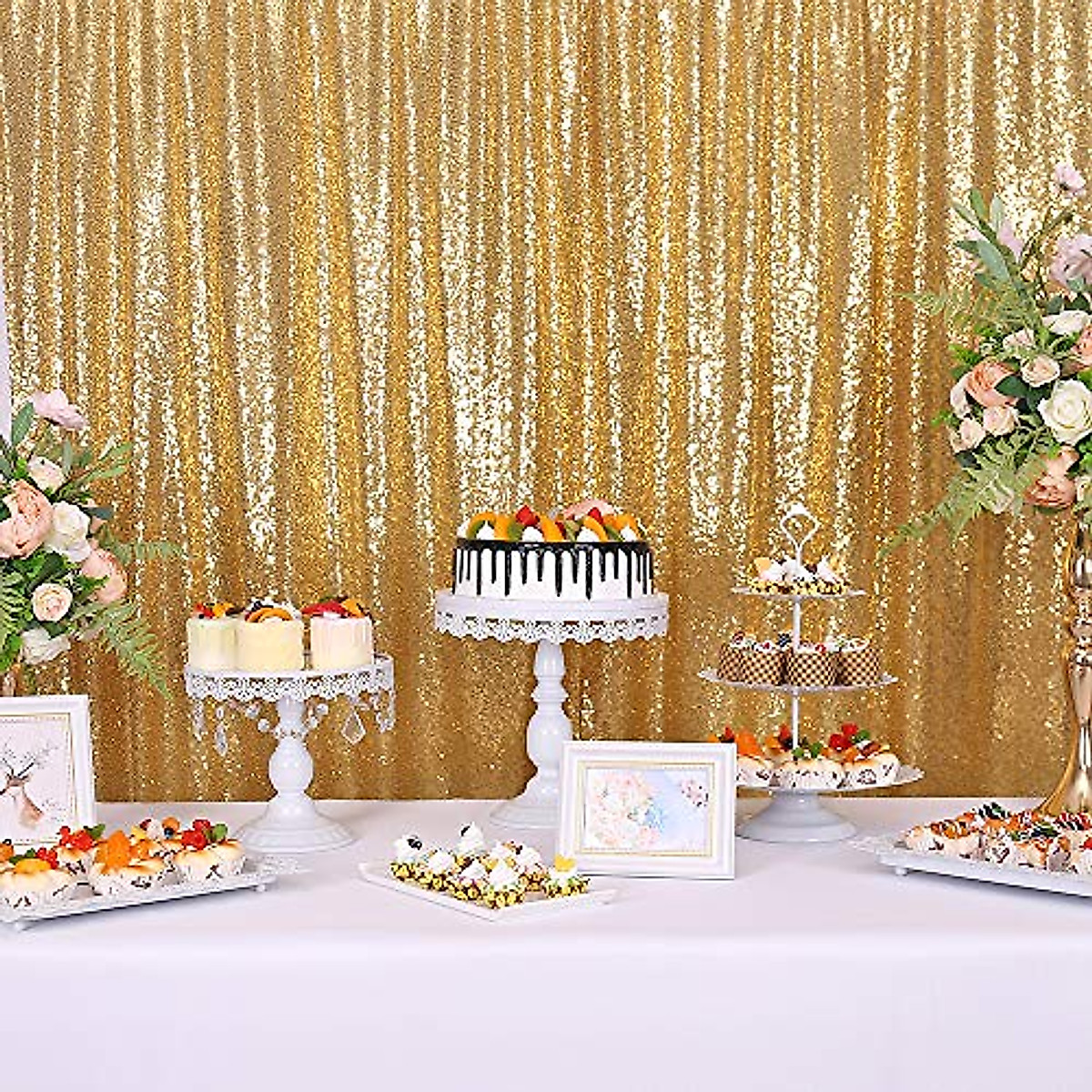 KNGKILQN Gold Sequin Backdrop Curtain - 2 Panels 2.2x8FT Gold Glitter Backdrop Party Photo Sequin Curtains Wedding Brithday Christmas Sparkle Photography Background