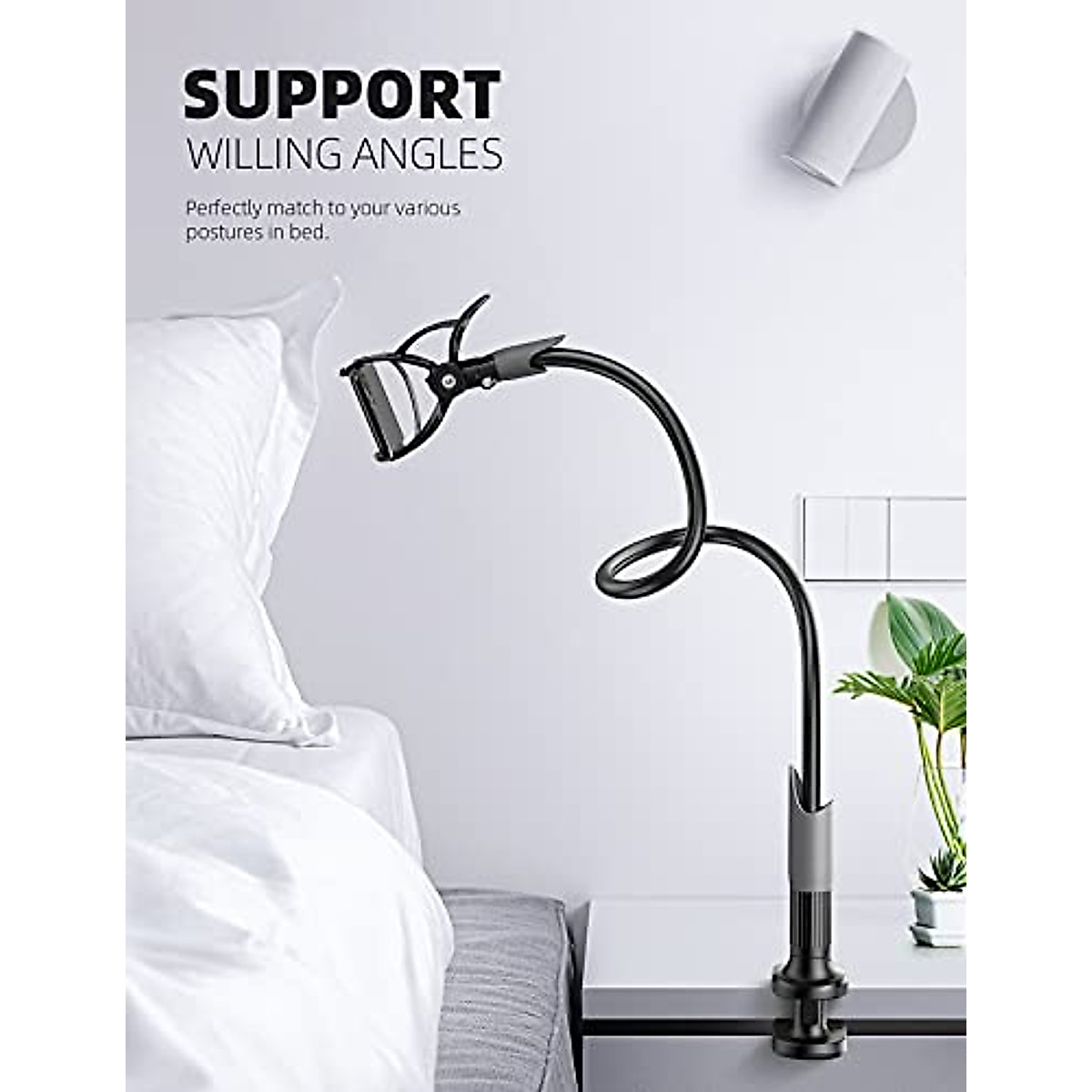Lamicall Phone Holder Bed Gooseneck Mount - Cell Phone Clamp Clip for Desk, Flexible Lazy Long Arm Headboard Bedside, Overhead Mount Stand, Compatible with iPhone 14 Plus / Pro Max XR X 8 7 6 Plus
