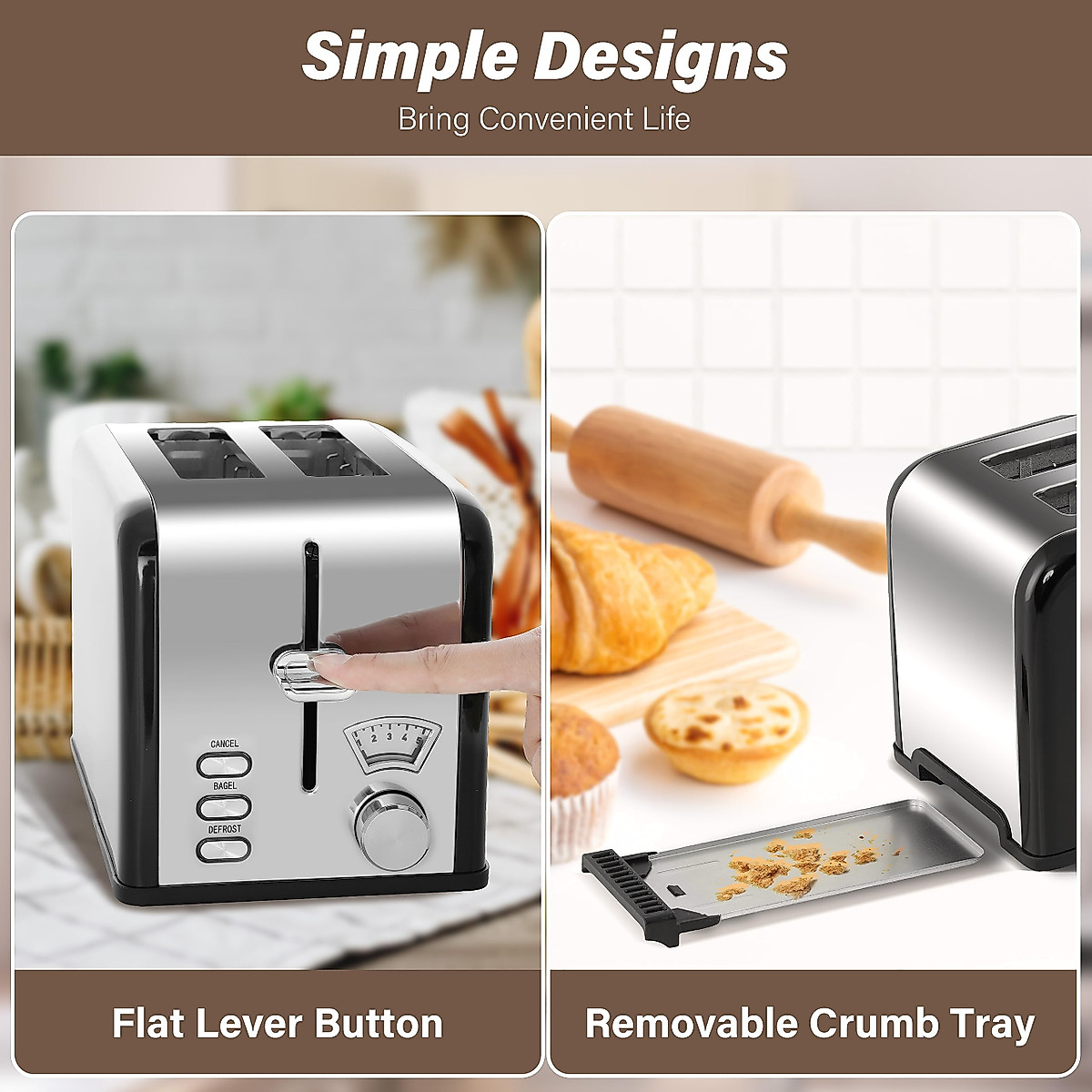 Simple Deluxe 2-Slice Toaster for Bagel, 5 Browning Setting and 3 Function: Bagel, Defrost & Cancel, Retro Stainless-Steel Style, 1.5" Wide Slot, Toast Bread Machine with Removable Crumb Tray, Black