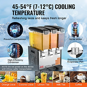 VEVOR Commercial Beverage Dispenser, 3 Tanks 10 L / 10.6 QT Per Tank Juice Dispenser, 440W Stainless Steel Ice Tea Drink Machine with 45°F-54°F Cooling Temperature, for Cold Drink Restaurant Bar Party