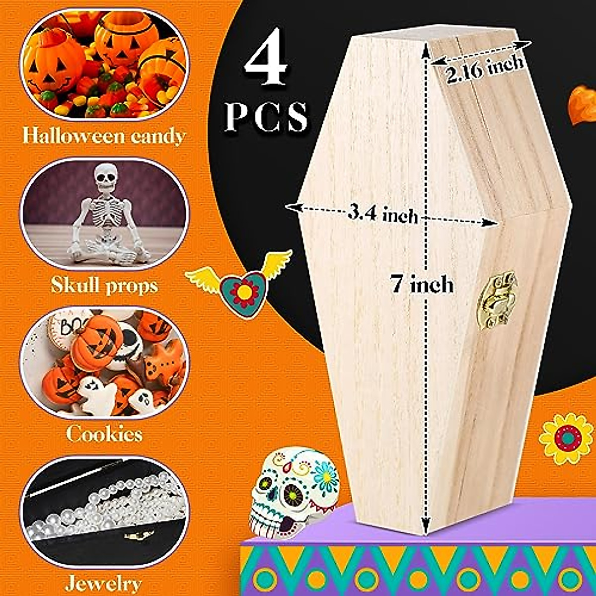 Thyle 4 Pack Unfinished Halloween Coffin Boxes Wood Coffin Shaped Boxes with Hinged Lids for DIY Crafts Wooden Coffin Boxes for Treats Favors Decoration Jewelry Casket Coffin (Black Burlywood,7 Inch)