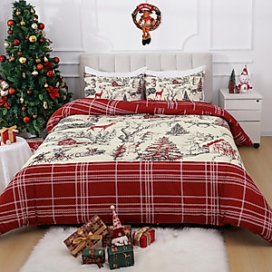 3 Piece Christmas Duvet Cover Queen Size, Soft Double Brushed Christmas Deer Queen Duvet Cover with Zipper Closure, Country Stripe Comforter Cover Set 1 Duvet Cover 90 x 90 inches & 2 Pillow Shams