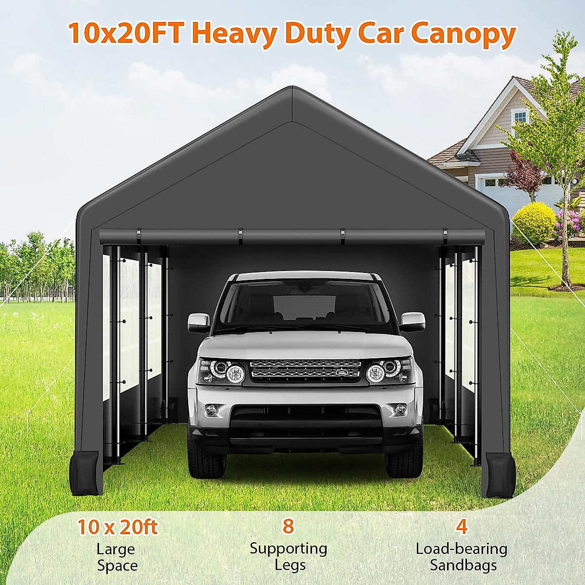 Carport 10x20ft Portable Garage, Heavy Duty Car Canopy with Roll-up Ventilated Windows & Side Doors, All-Season Tarp Car Port for SUV, Car, Truck, Boat