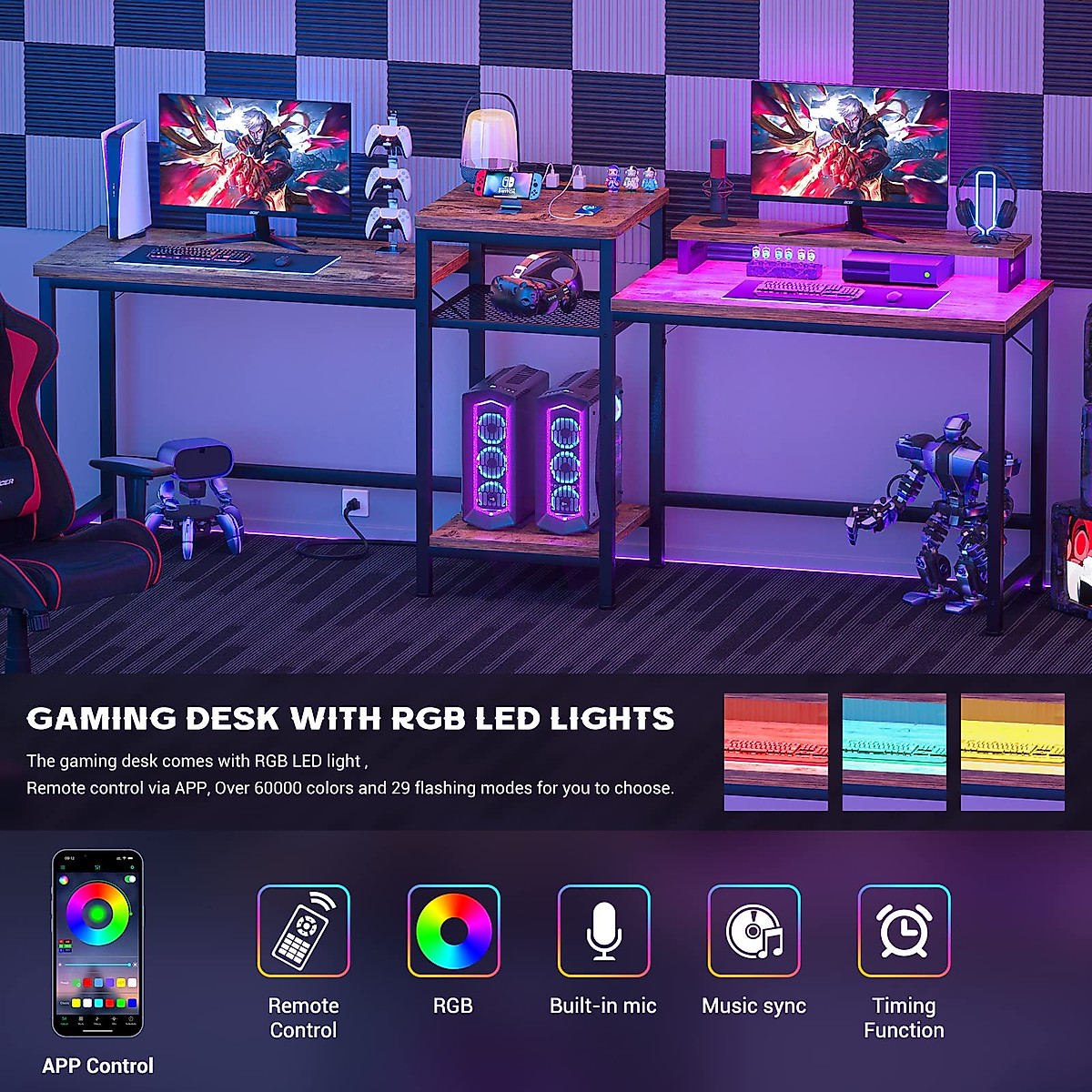 Unikito Double Computer Desk with LED Strip and Power Outlet, 2 Person Desk with Monitor Stand and Storage, Ergonomic Computer Desk with Printer Stand for Home Office, Long Gaming desk, Rustic Brown