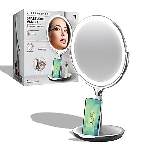 Sharper Image® SpaStudio™ 8” Vanity Mirror - Wireless Qi Charging Pad, Dimmable LED Halo Light Ring, 10X & 5X Magnification, Cosmetic Makeup Skincare Essential, Aesthetic Room Desk Decor Storage