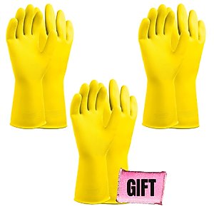 Rubberplus 3-Pairs Reusable Household Yellow Gloves Rubber Dishwashing gloves Extra Thickness Long Sleeves Kitchen Cleaning (Caliber 35, X-Large)