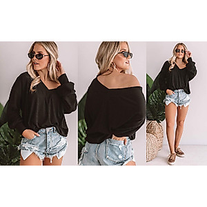 Tobrief Women's V Neck Long Sleeve Waffle Knit Tops Off Shoulder Oversized Pullover Sweater A-Black