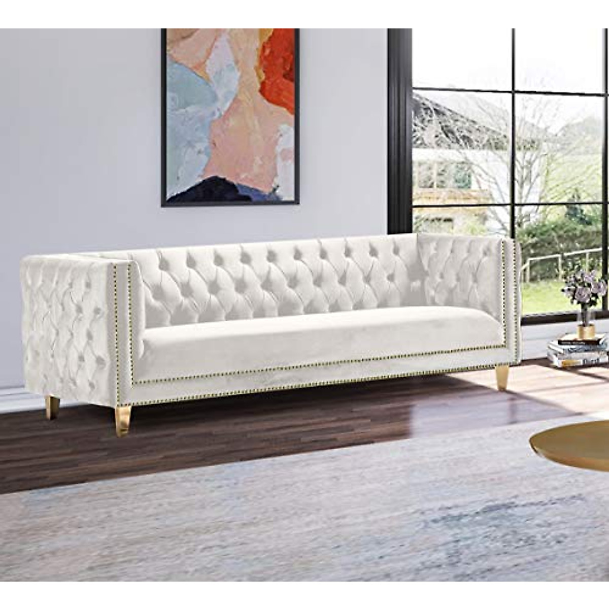 Meridian Furniture 652Cream-S Michelle Collection Modern | Contemporary Sofa with Deep Button Tufting, Nailhead Trim and Sturdy Gold Iron Legs, 90" W x 34" D x 30" H, Cream