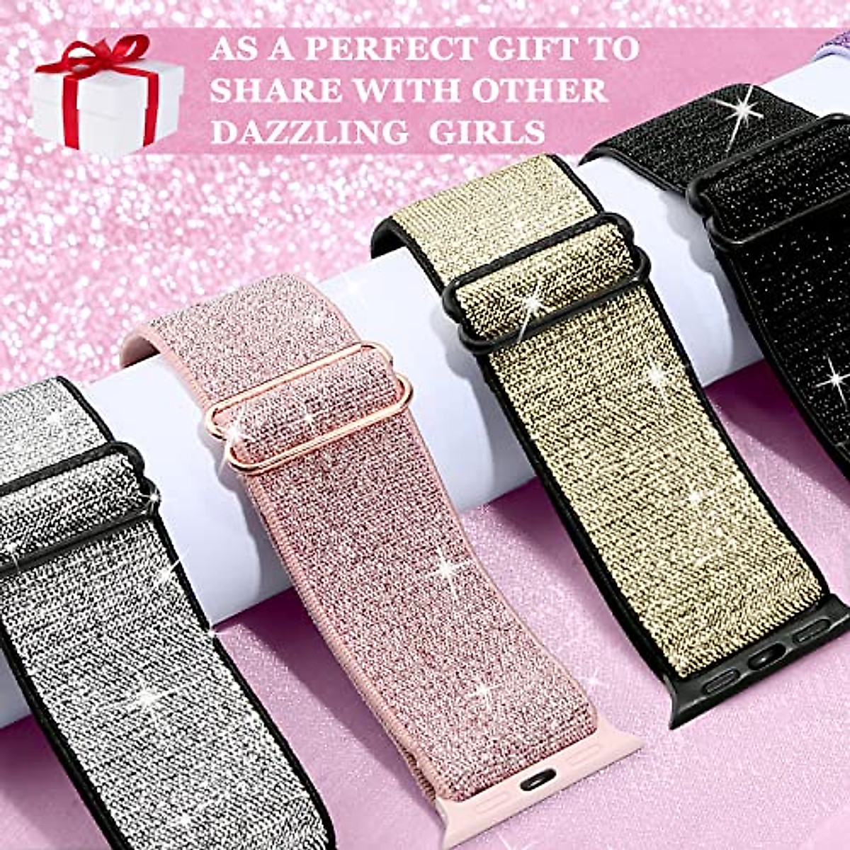 Bling Nylon Stretchy Bands Compatible With Apple Watch Bands 38mm 40mm 41mm For Women Girls, Adjustable Braided Loop Sport Bands For iWatch Series 8 7 6 SE 5 4 3 2 1, 6 Pack Sparkly Shiny Black Pink