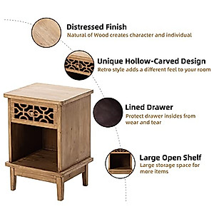 COZAYH Set of 2 Retro Rustic Nightstand Solid Fir End Table Side Table with Hand Carved Front and Open Shelf for Boho, French Country, Farmhouse Style, Natural (Z03003-2P)