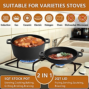 E-far Pre-Seasoned Cast Iron Dutch Oven, 5 Quart 2 in 1 Dutch Oven Pot with Skillet Lid and Silicone Bread Sling, Ideal for Bread Baking, Cooking, Stewing, Frying, Induction & Oven Safe - Black