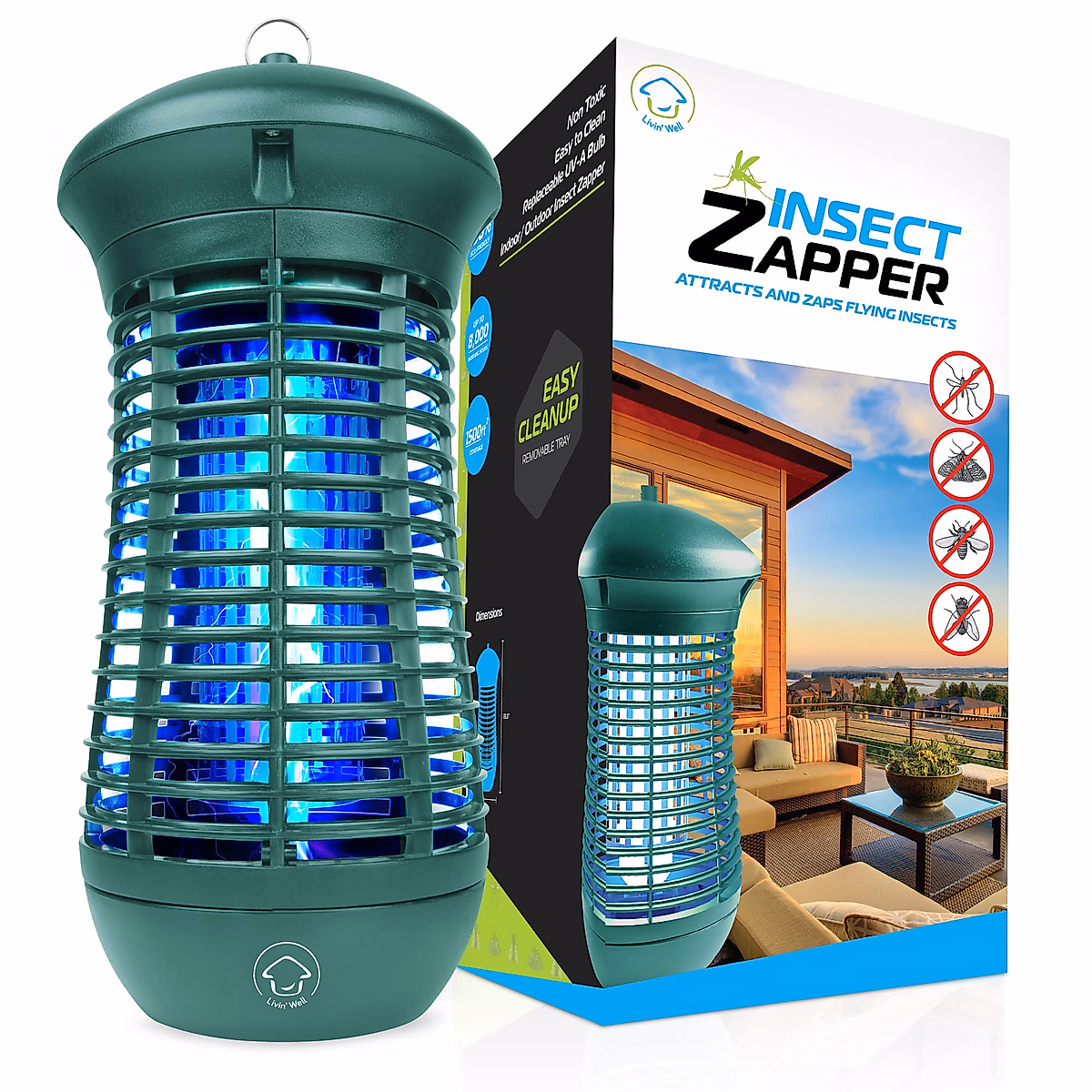 Livin’ Well Green Bug Zapper Indoor Outdoor - 4000V High Powered Electric Mosquito Zapper Home Patio, 1,500 Sq Ft Range Fly Zapper Mosquito Trap, 18W UVA Bulb Mosquito Killer Lamp Insect Bug Light