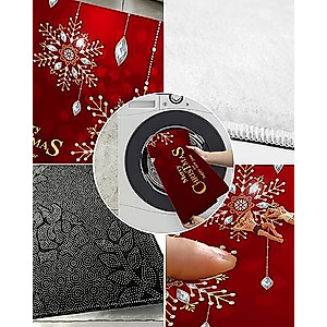 Indoor Doormat Merry Christmas Snowflake Glow Diamonds,Shaggy Floor Mat with Non-Skid Backing Dots Shadow Red Back,Machine Washable Plush Area Rug Carpets for Kitchen Nursery Bedroom