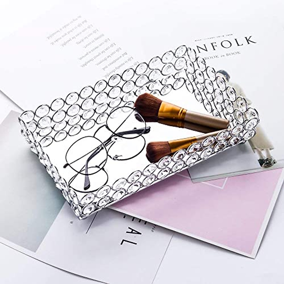 Feyarl 10 Inch Crystal Cosmetic Tray Rectangle Vanity Tray Makeup Jewelry Trinket Organizer Mirror Decorative Tray Perfume Skin Care Organizer Christmas Party Coffee Table(Silver)