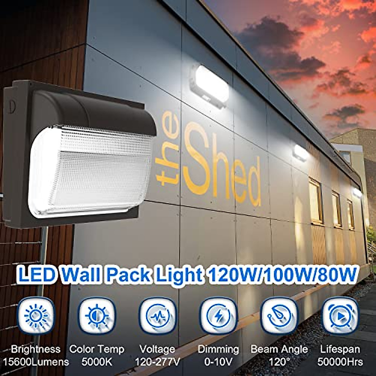 LED Wall Pack Light with Dusk-to-Dawn Photocell,120W/100W/80W Selectable, 0-10V Dimmable 15600LM 5000K Daylight Outdoor Wall Light,Replace 450W MH/HPS, IP65 120-277V AC for Parking Lot DLC & UL Listed