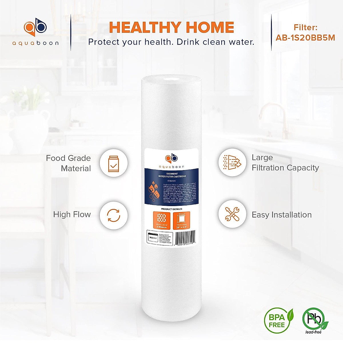 Aquaboon 1-Pack of 5 Micron 20" String Wound Sediment Water Filter Replacement Cartridge & Aquaboon 1-Pack Sediment Water Filter Cartridge | Universal Whole House 5 Micron 20 inch Cartridges