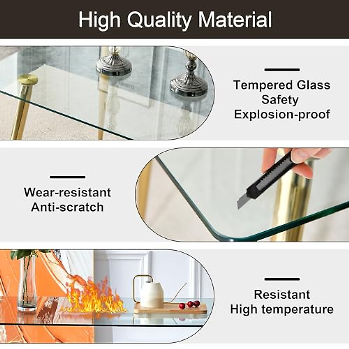 VENBER Rectangle Glass Dining Table with Gold Legs, 63" Modern Transparent Tempered Glass Desktop,End Tables Center Table for Living Room,Dining Room, Tea (Gold)