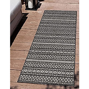 Well Woven Indoor/Outdoor Runner Rug 2'7" x 9'10" Arwen Black & Grey Moroccan Tribal Striped