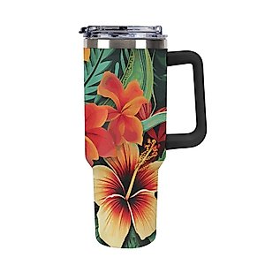 LYHVSFJW 40 Oz Tumbler with Handle Straw Hawaiian Style Print Pattern Water Cup with Lids Stainless Steel Water Bottle Travel Insulated Mug Coffee Mug Vacuum Insulated Cup for Daily Use