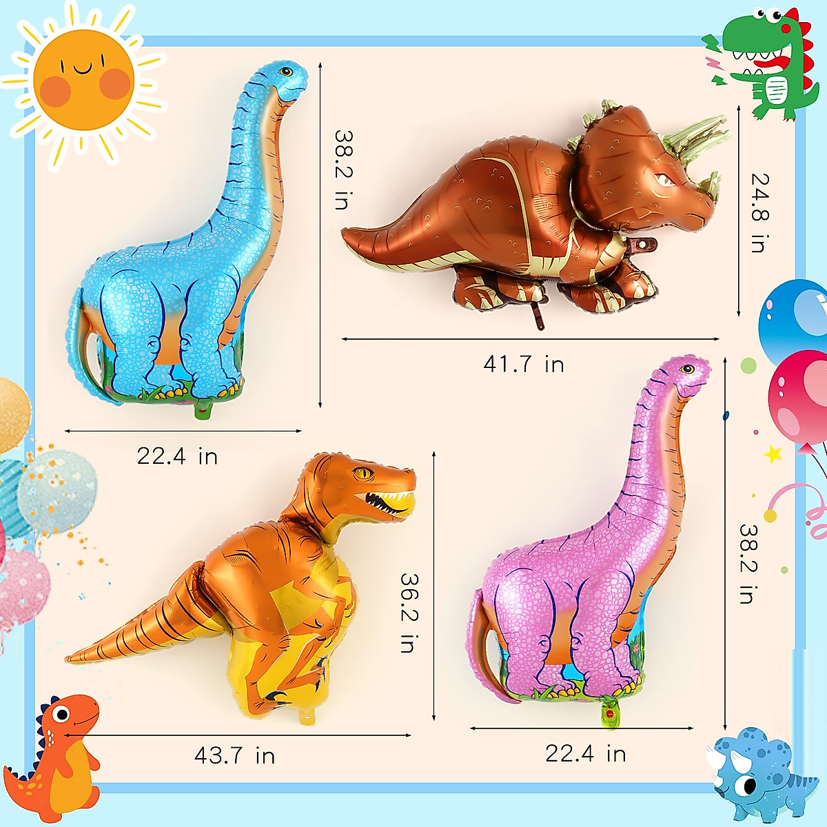 Dinosaur Foil Balloons, 8 Pcs Cartoon Dinosaur Mylar Balloons, Giant Dino Animal Balloons for Dinosaur Birthday Party Decorations Baby Shower Gender Reveal