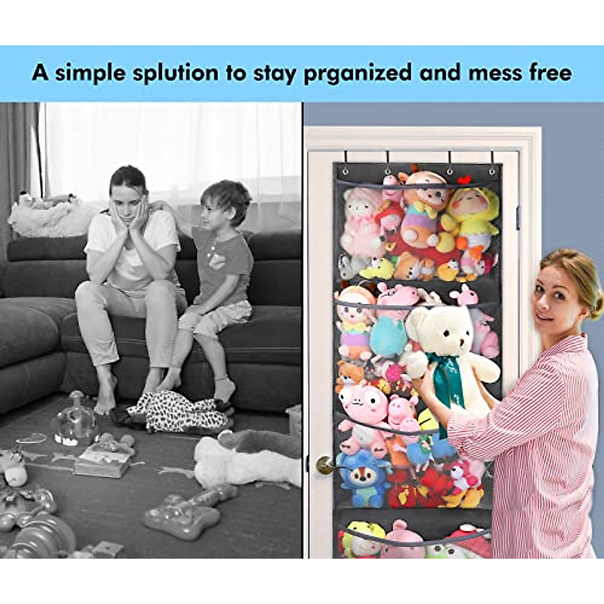 TOFGZ Stuffed Animal Storage,Over The Door Organizer for Filling Stuff , Portable Hanging Stuffed Animal Storage ,Durable Stuffed Animal Net or Hammock,Easy to Install(Grey)
