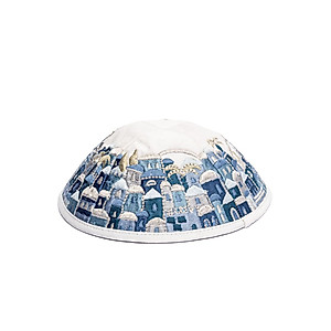 Yair Emanuel Premium Tallit Silk Embroidered Jerusalem Vista | Blue and White Tallis Prayer Shawl