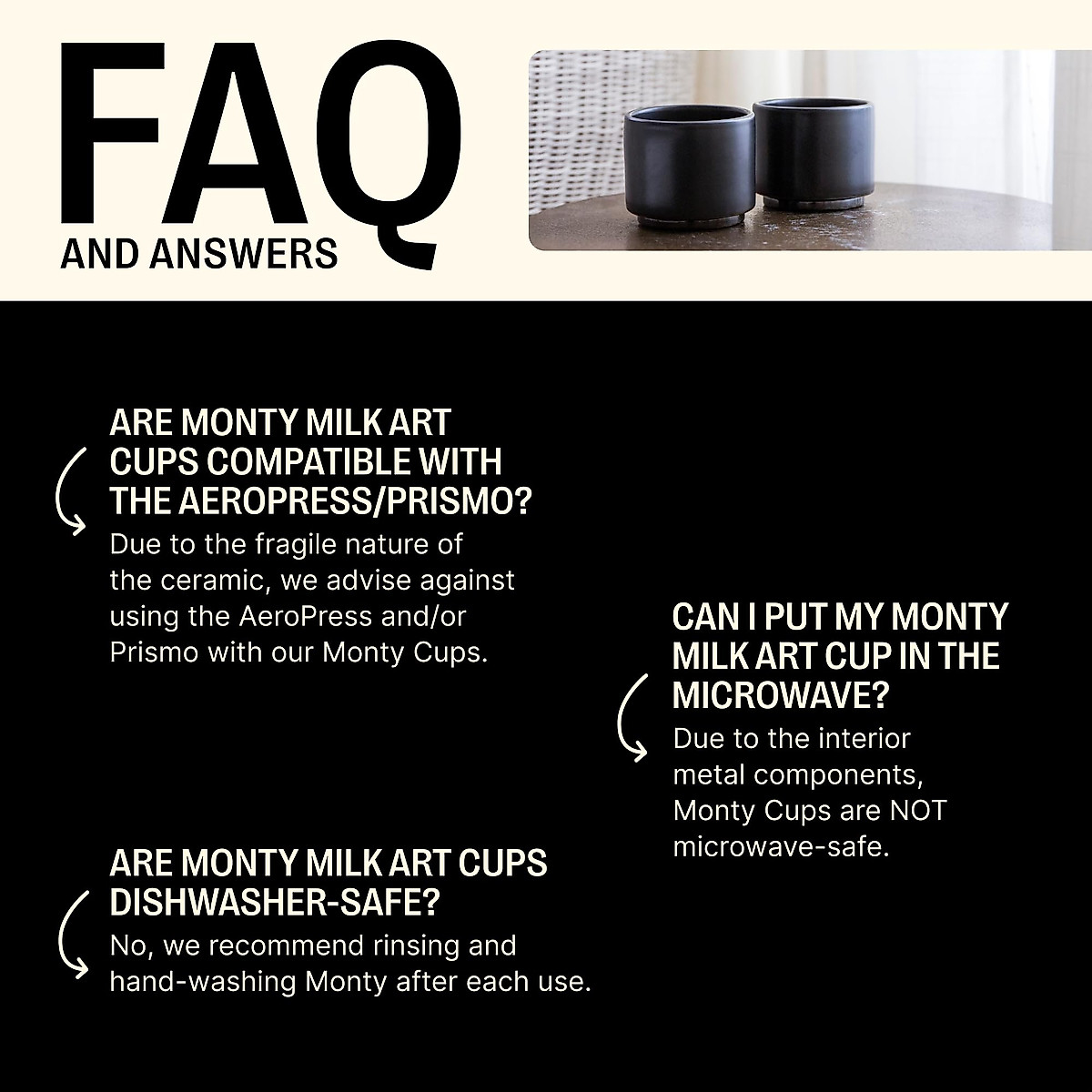Fellow Monty Milk Art Cups - Double Wall Ceramic Latte Mug, Matte Black with Graphite Base, 11 oz Cup