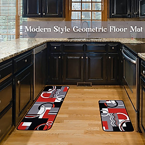 Red Black Grey White Kitchen Rug Set of 2, Modern Abstract Kitchen Floor Mat Rugs Carpet- Geometric Black White Red Kitchen Decor and Accessories Home Decoration- 17x30 and 17x47 Inch